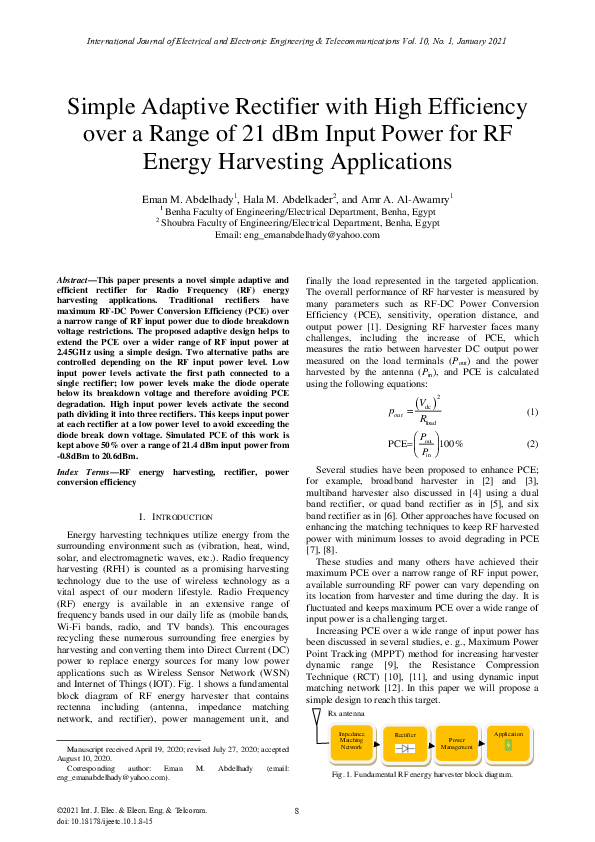 (PDF) Simple Adaptive Rectifier with High Efficiency over a Range of 21 dBm Input Power for RF ...