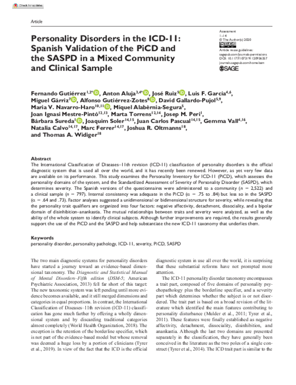 (PDF) Personality Disorders in the ICD-11: Spanish Validation of the ...