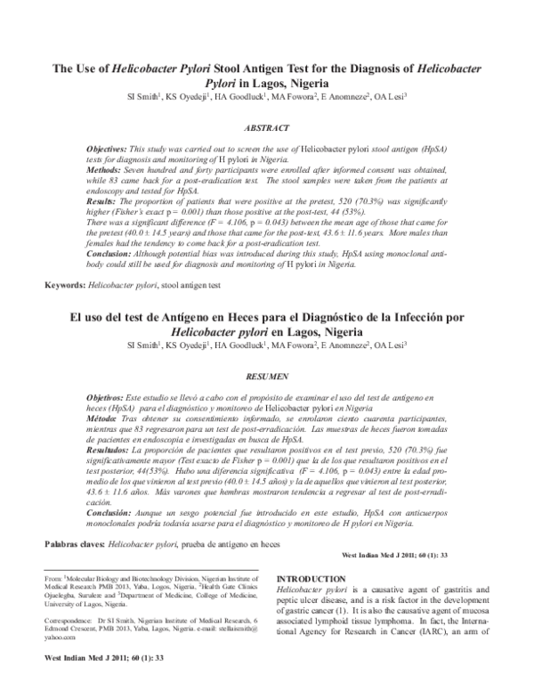 (PDF) The use of Helicobacter pylori stool antigen test for the ...