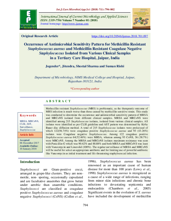 (PDF) Occurrence of Antimicrobial Sensitivity Pattern for Methicillin Resistant Staphylococcus ...
