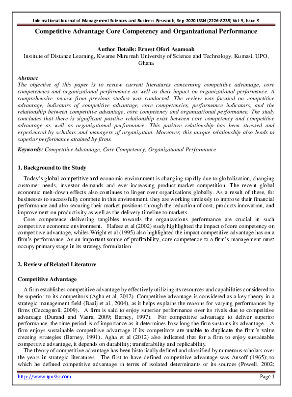 (PDF) Competitive Advantage Core Competency, Organizational Performance