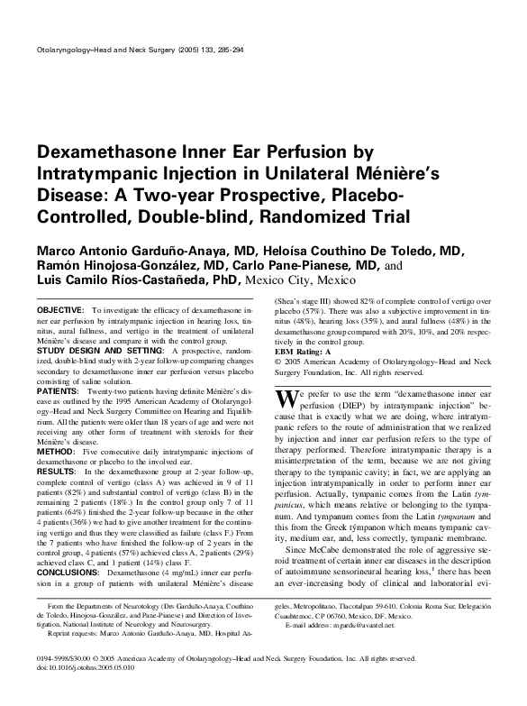 (PDF) Dexamethasone for Unilateral Ménière’s Disease