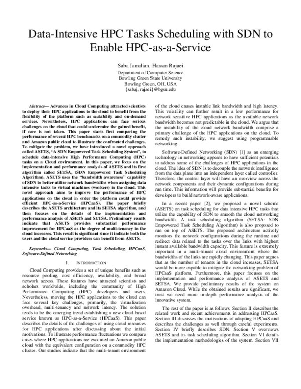 Pdf Data Intensive Hpc Tasks Scheduling With Sdn To Enable Hpc As A Service