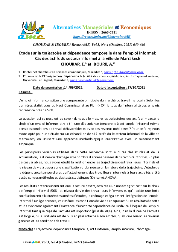 (PDF) Etude sur la trajectoire et dépendance temporelle dans l'emploi ...