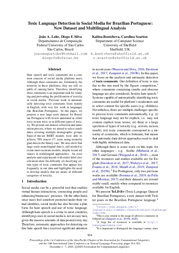 (PDF) Toxic Language Detection in Social Media for Brazilian Portuguese ...