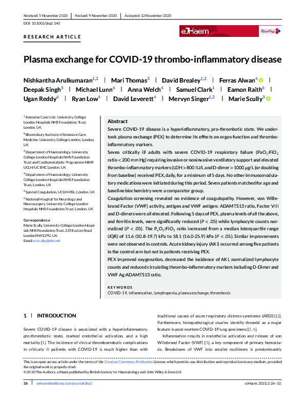 (PDF) Plasma exchange for COVID‐19 thrombo‐inflammatory disease | Ugan ...