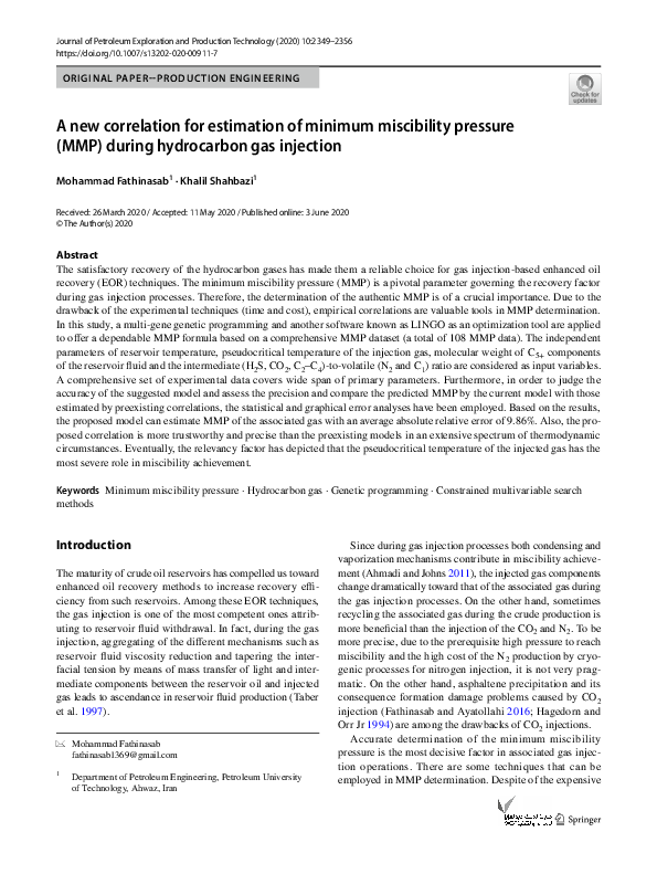 (PDF) A new correlation for estimation of minimum miscibility pressure (MMP) during hydrocarbon ...