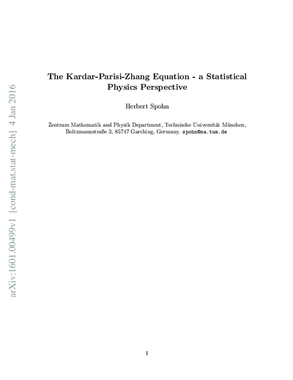 (PDF) The Kardar–Parisi–Zhang equation: a statistical physics perspective