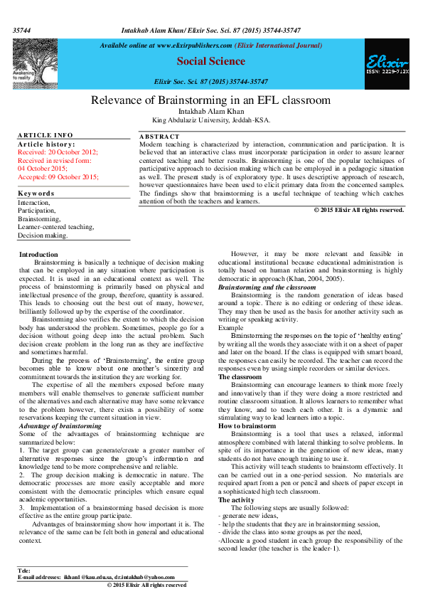(PDF) Relevance of Brainstorming in an EFL classroom