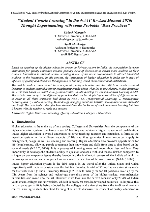 (PDF) “Student-Centric Learning” in the NAAC Revised Manual 2020 ...