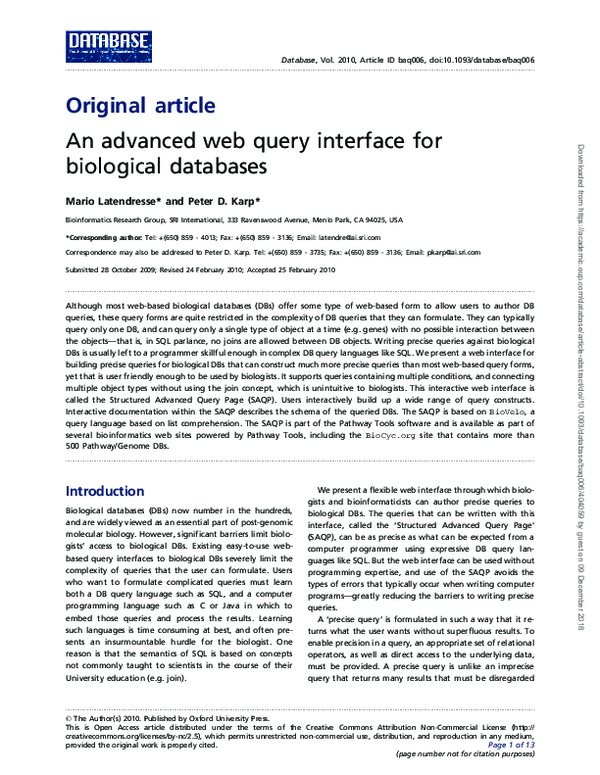 (PDF) An advanced web query interface for biological databases | Mario Latendresse - Academia.edu