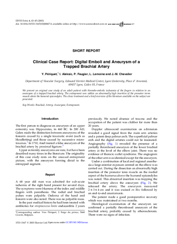 (PDF) Clinical Case Report: Digital Emboli and Aneurysm of a Trapped ...