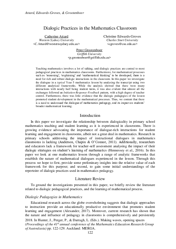 (PDF) Dialogic Practices in the Mathematics Classroom