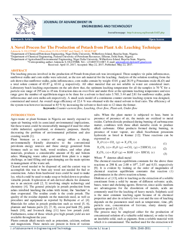(PDF) A Novel Process For The Production Of Potash From Plant Ash ...