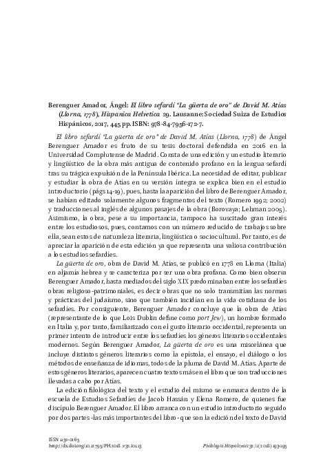 (PDF) Berenguer Amador, Ángel: El libro sefardí “La güerta de oro” de ...