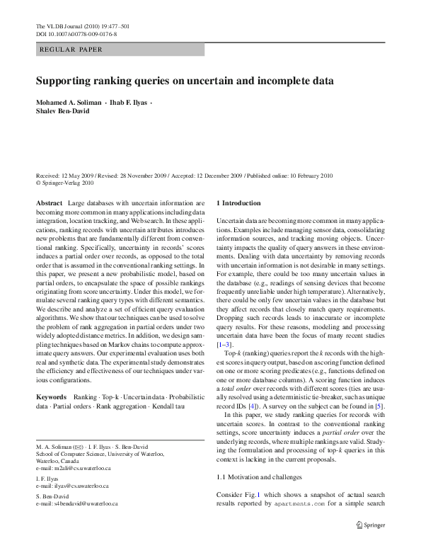 (PDF) Supporting ranking queries on uncertain and incomplete data