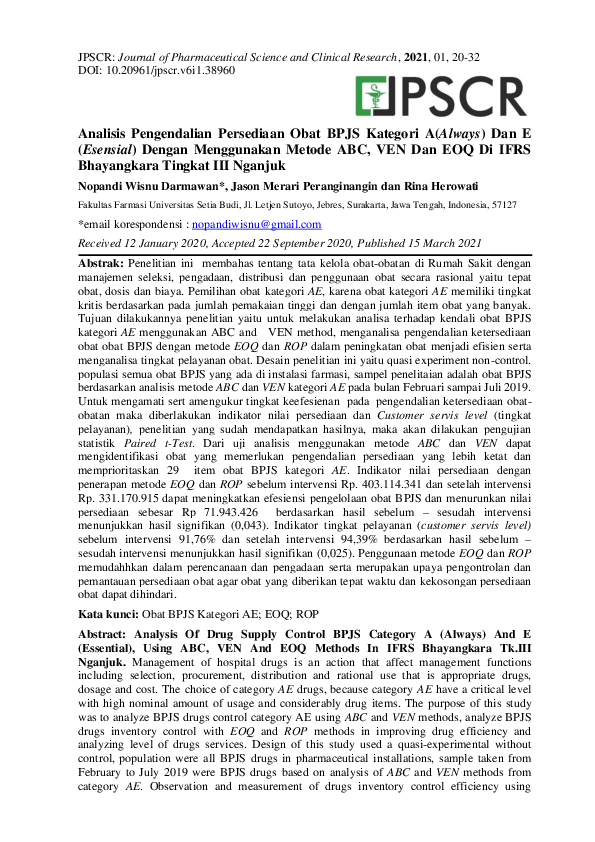 (PDF) Analisis Pengendalian Persediaan Obat BPJS Kategori A(Always) Dan ...