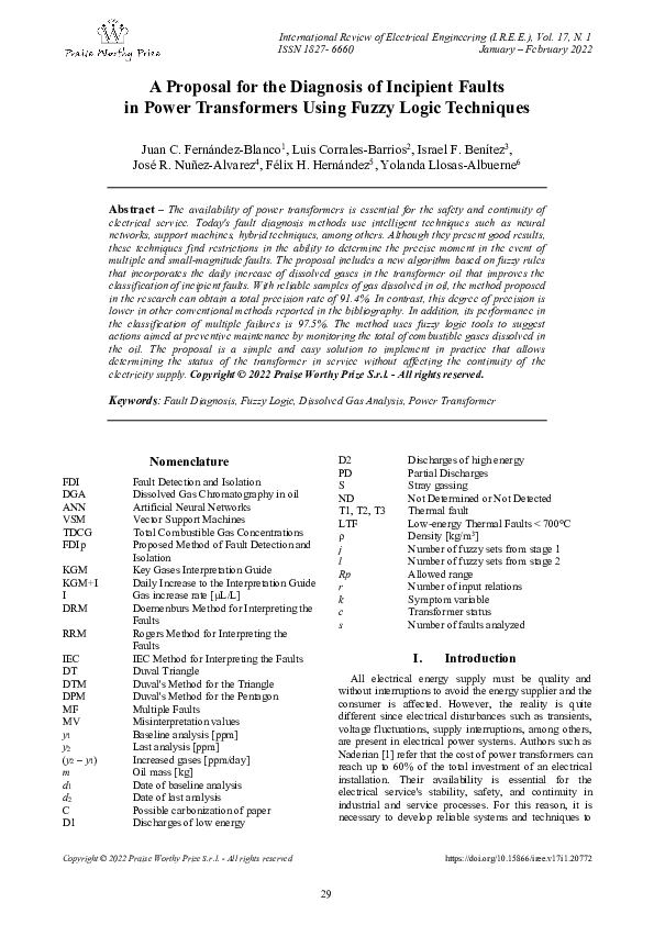 Pdf A Proposal For The Diagnosis Of Incipient Faults In Power Transformers Using Fuzzy Logic