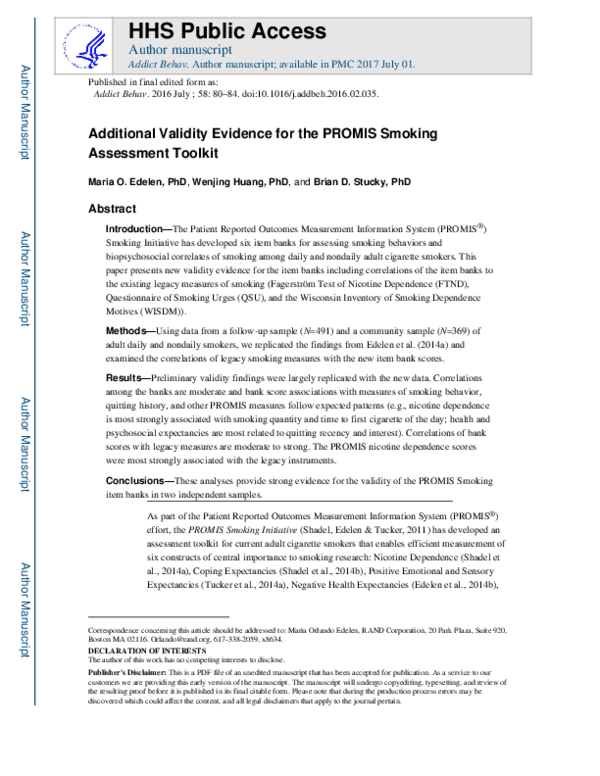 (PDF) Additional validity evidence for the PROMIS Smoking Assessment ...
