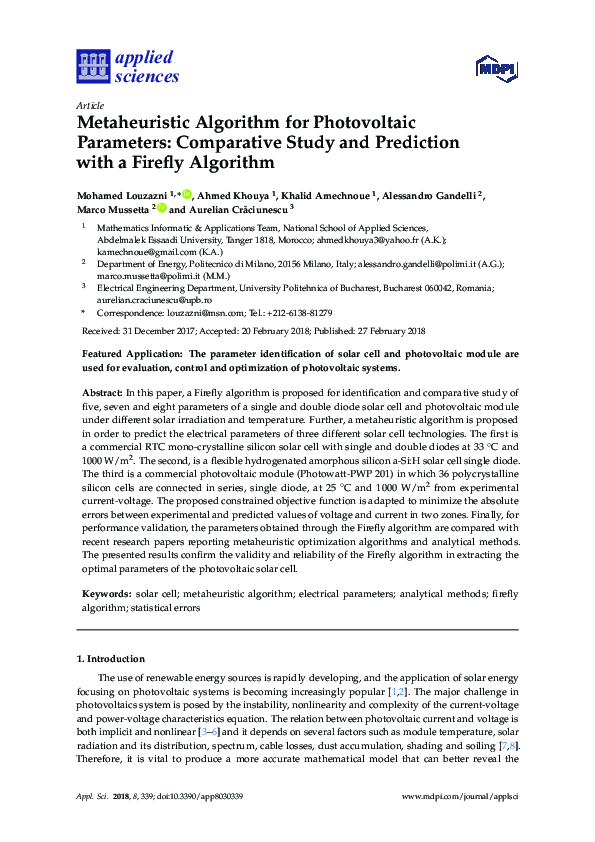 (PDF) Metaheuristic Algorithm for Photovoltaic Parameters: Comparative ...