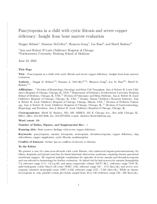 (PDF) Pancytopenia in a child with cystic fibrosis and severe copper ...