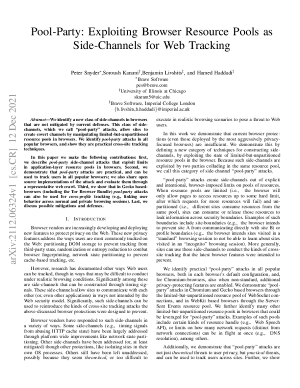 (PDF) Pool-Party: Exploiting Browser Resource Pools as Side-Channels for Web Tracking