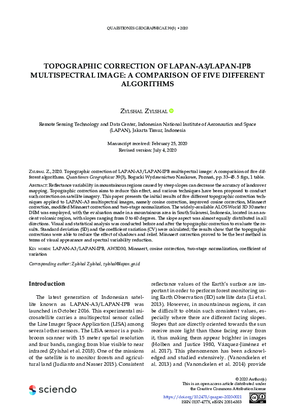 (PDF) Topographic Correction of LAPAN-A3/LAPAN-IPB Multispectral Image: A Comparison of Five ...