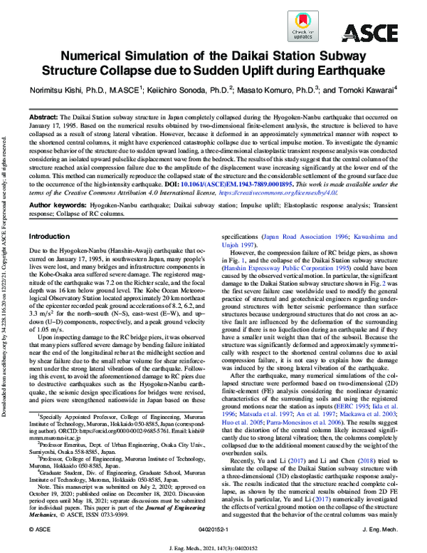 (PDF) Numerical Simulation of the Daikai Station Subway Structure Collapse due to Sudden Uplift ...