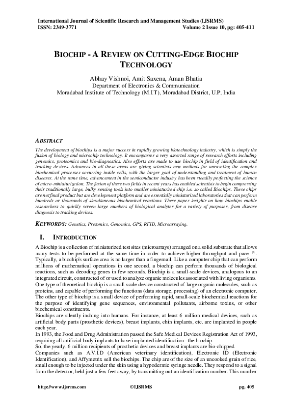 (PDF) Biochip - a Review on Cutting-Edge Biochip Technology