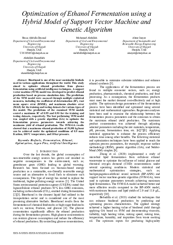 (PDF) Optimization of Ethanol Fermentation using a Hybrid Model of Support Vector Machine and ...