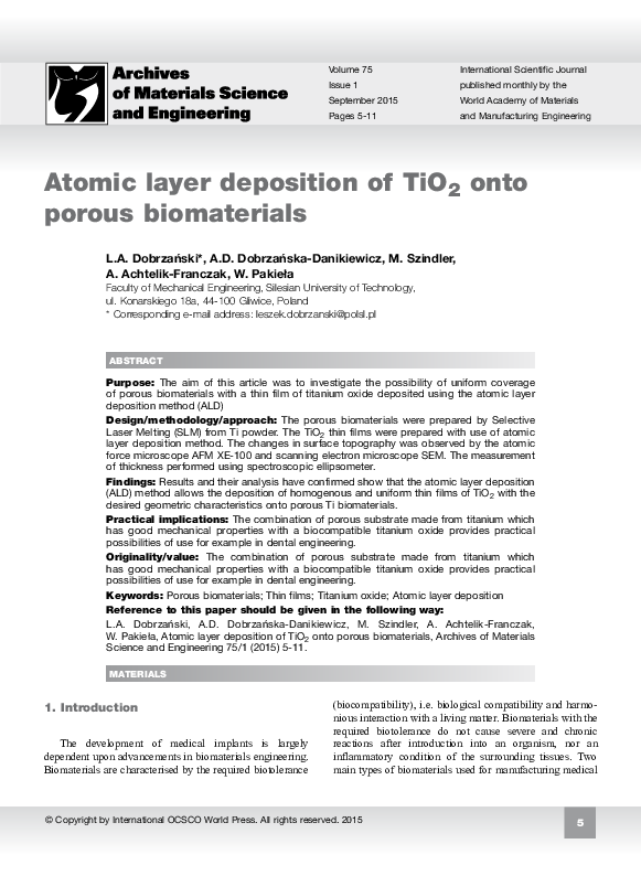 (PDF) Atomic layer deposition of TiO2 onto porous biomaterials