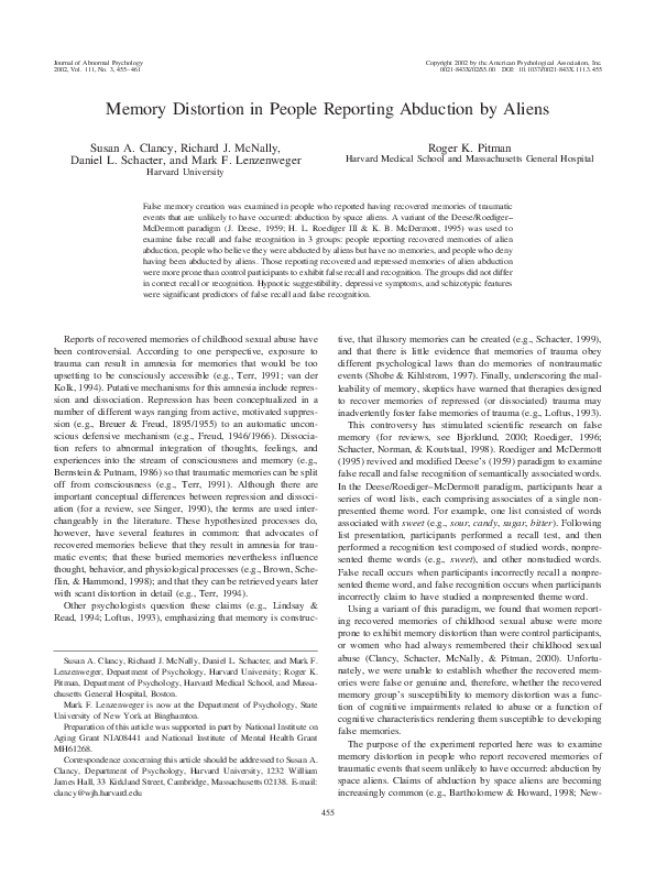 (PDF) Memory distortion in people reporting abduction by aliens