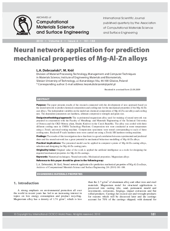 (PDF) Neural network application for prediction mechanical properties of Mg-Al-Zn alloys