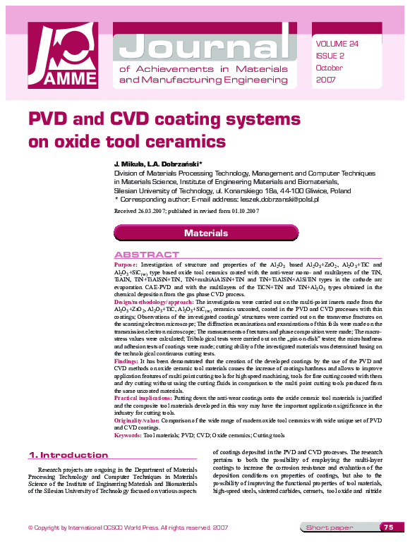 (PDF) PVD and CVD coating systems on oxide tool ceramics