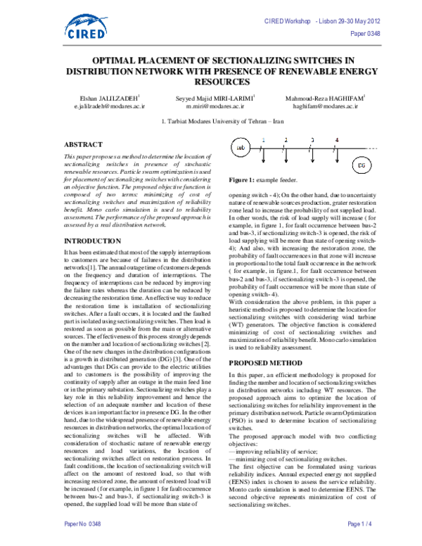 (PDF) Optimal placement of sectionalizing switches in distribution network with presence of ...