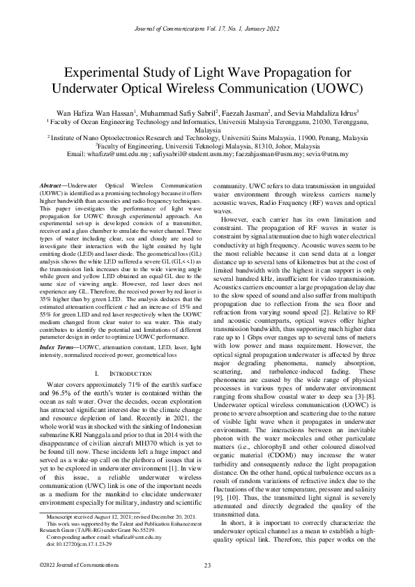 (PDF) Experimental Study of Light Wave Propagation for Underwater ...