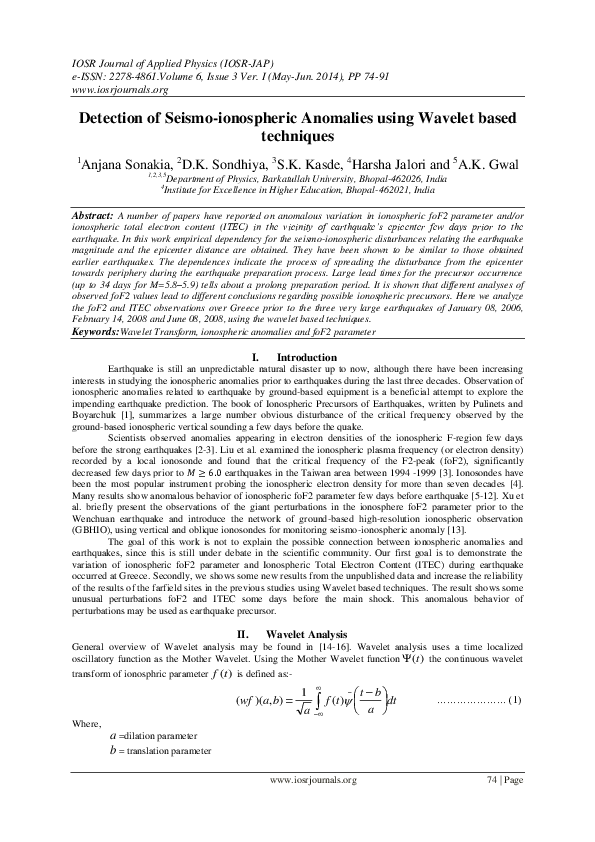 (PDF) Detection of Seismo-ionospheric Anomalies using Wavelet based ...