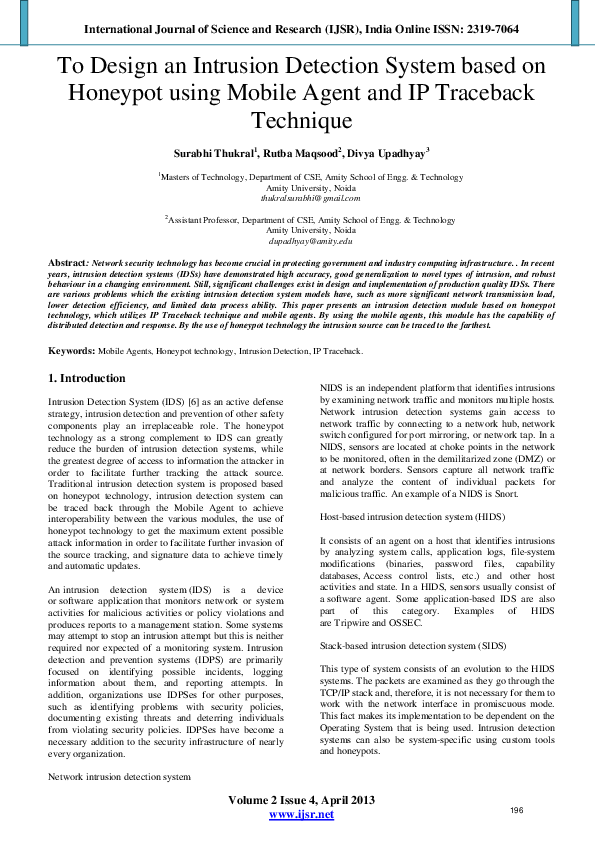 Pdf To Design An Intrusion Detection System Based On Honeypot Using Mobile Agent And Ip