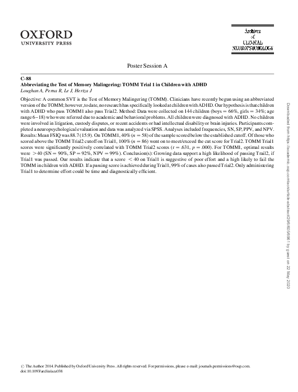 (PDF) C-88Abbreviating the Test of Memory Malingering: TOMM Trial 1 in ...
