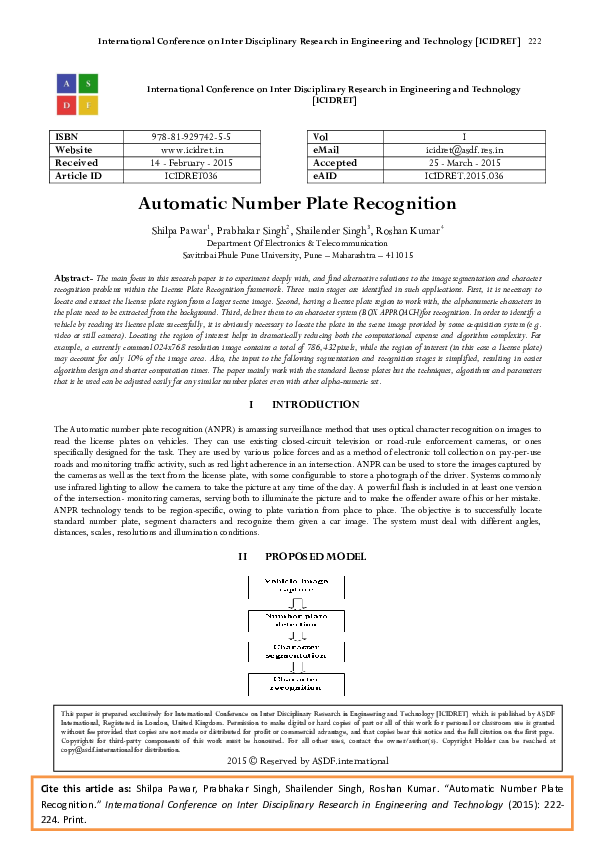 (PDF) Automatic number plate recognition