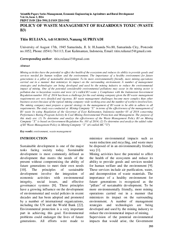 (PDF) Policy of Waste Management of Hazardous Toxic (Waste B3)