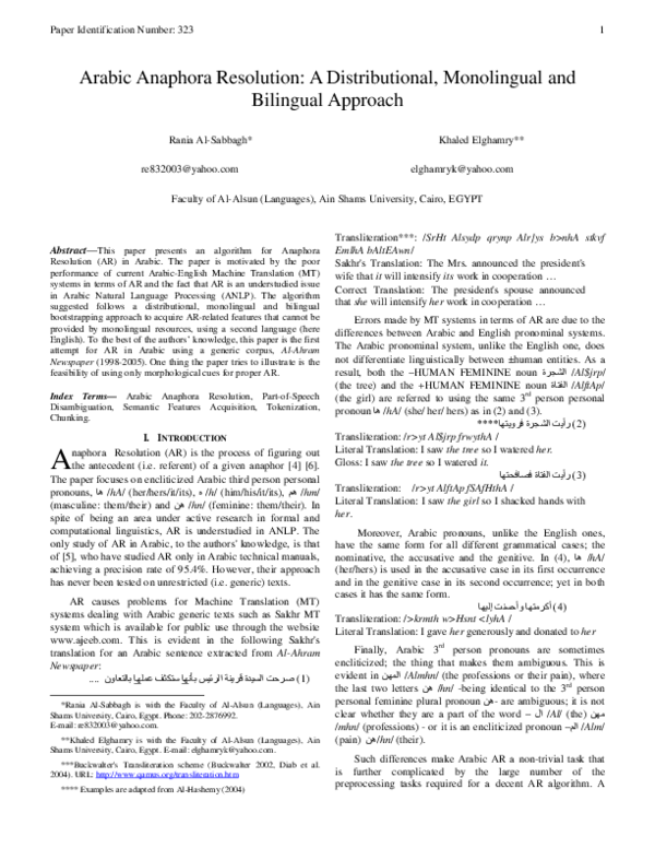 (PDF) Arabic Anaphora Resolution: A Distributional, Monolingual and Bilingual Approach