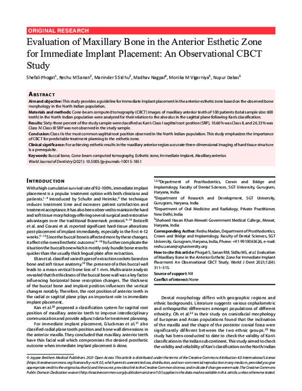 Pdf Evaluation Of Maxillary Bone In The Anterior Esthetic Zone For Immediate Implant Placement