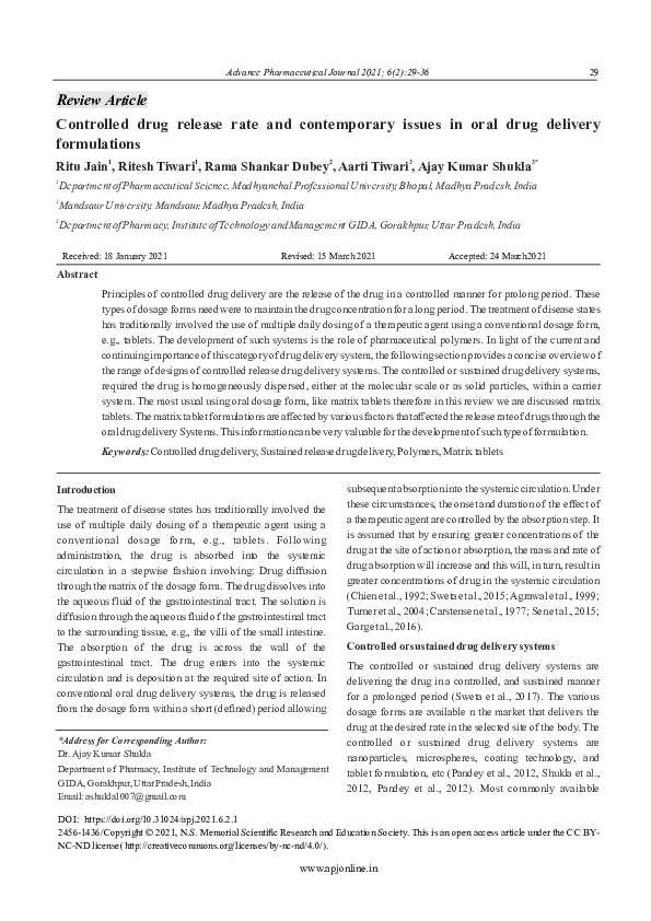 (PDF) Controlled drug release rate and contemporary issues in oral drug ...