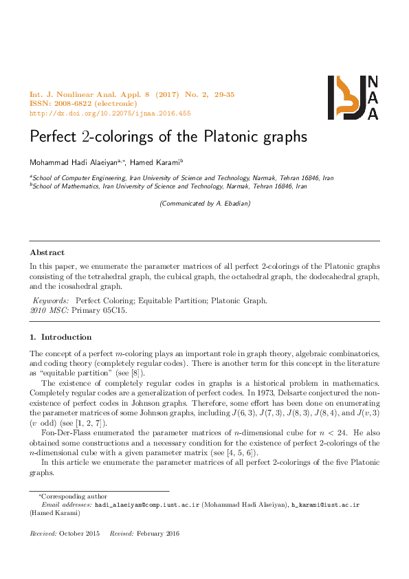 (PDF) Perfect $2$-colorings of the Platonic graphs