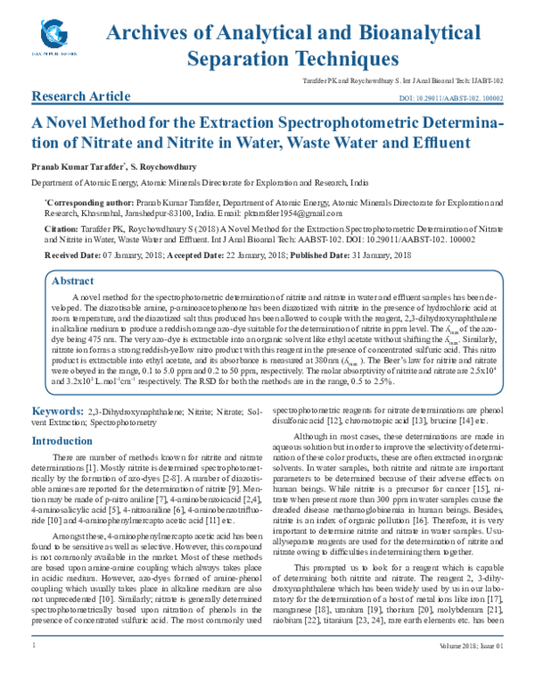 Pdf A Novel Method For The Extraction Spectrophotometric Determination Of Nitrate And Nitrite