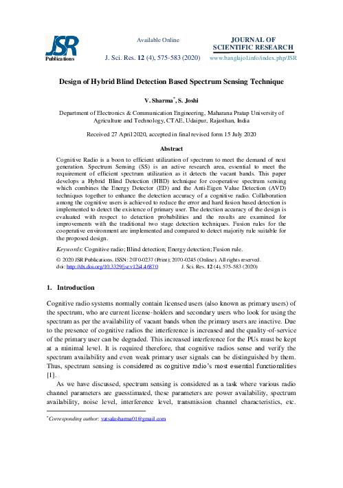 Pdf Design Of Hybrid Blind Detection Based Spectrum Sensing Technique