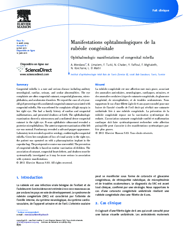 (PDF) Manifestations ophtalmologiques de la rubéole congénitale
