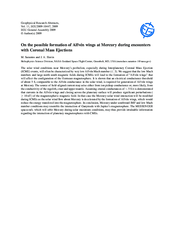 (PDF) On the possible formation of Alfvén wings at Mercury during ...
