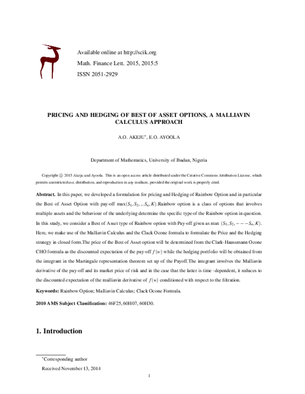 (PDF) Pricing and hedging of best of asset options, a Malliavin calculus approach